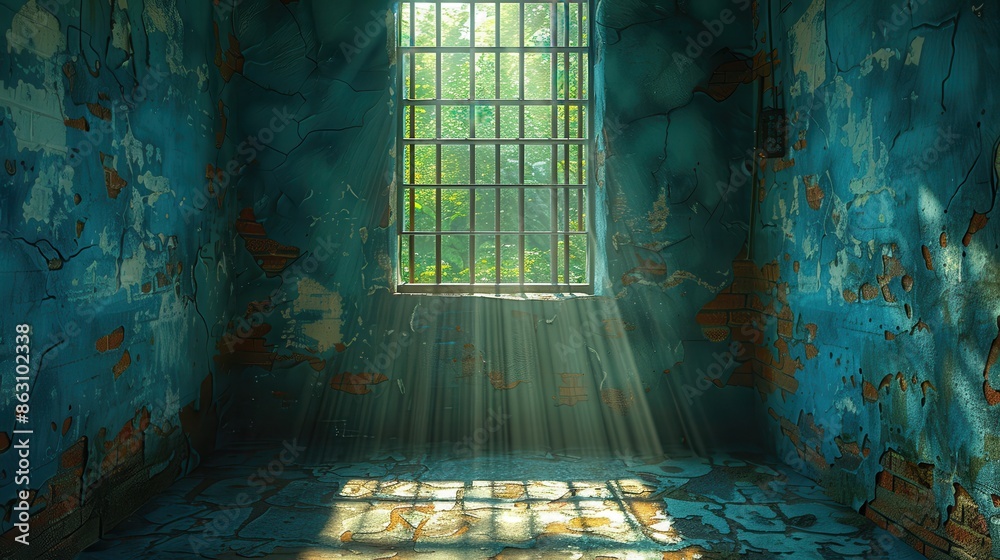 Sun rays enter through a barred window into an abandoned prison room ...
