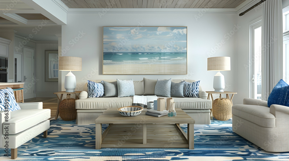 Modern coastal home interior design featuring a serene living room with ...