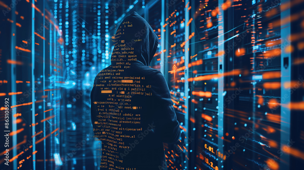 A cybersecurity hacker in a data center with a digital code overlay is ...