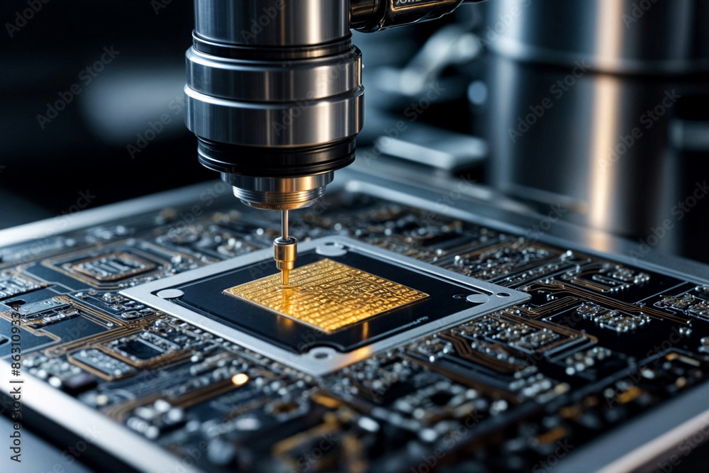 Manufacturing computer chips in semiconductor factory. Close-up of silicon die being removed ...