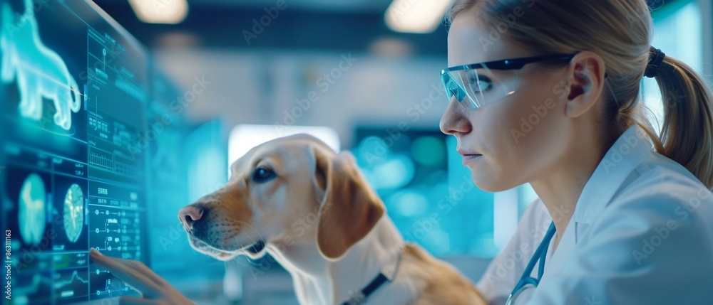 Veterinarian using a holographic tablet to conduct an animal ...