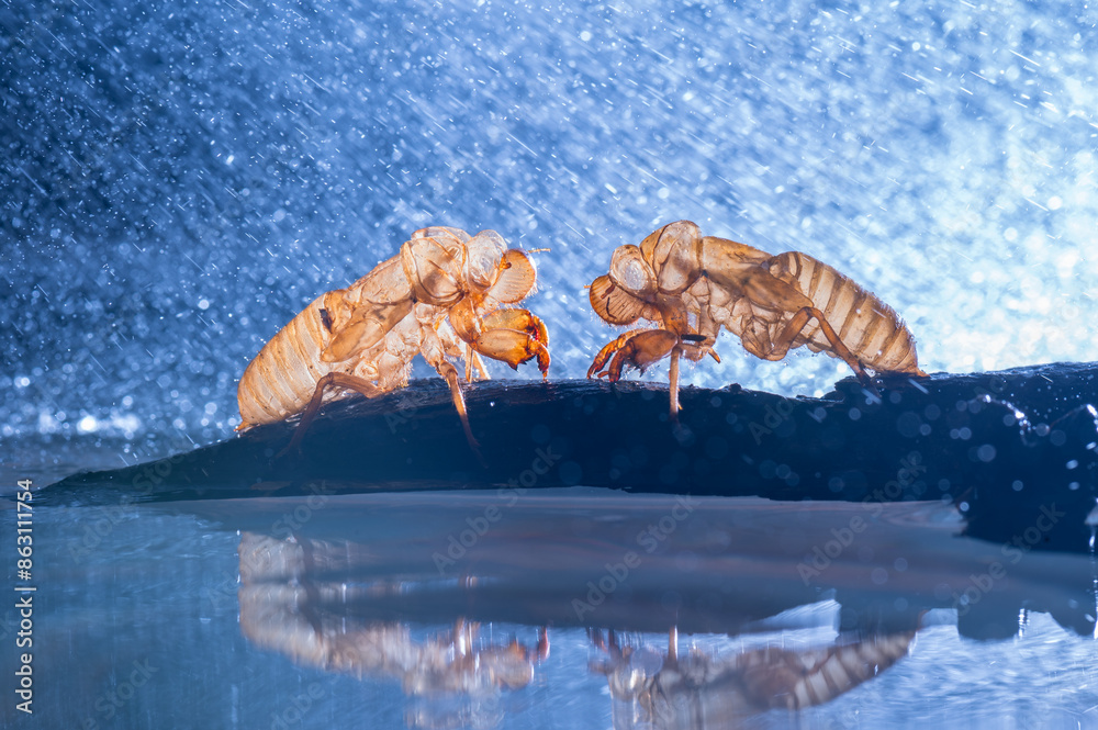 Two cicadas molt with shadow on the dry tree branch and water drop ...