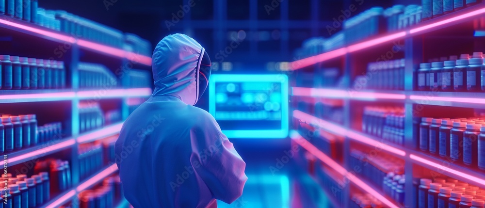 Pharmacist in a scifi setting advising patients on drug interactions ...
