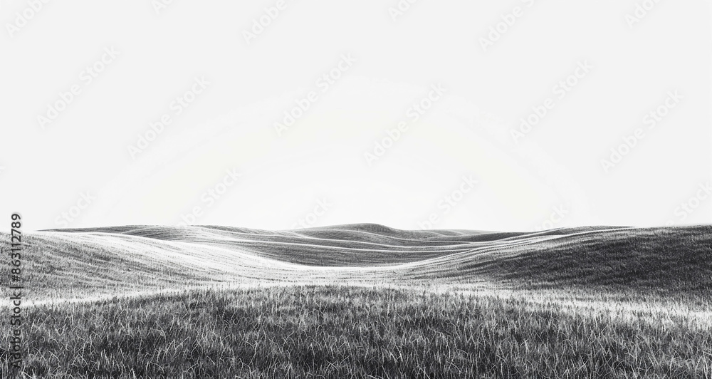black and white sketch of grassy hill area with bushes and small tress ...