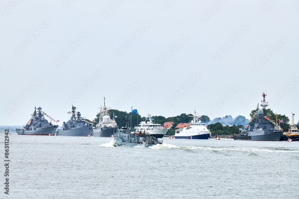 Military warship sailing along Russian naval forces parade warships ...
