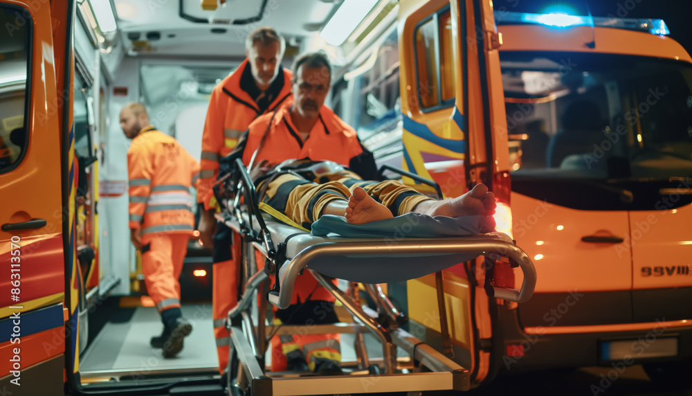 Paramedics in orange uniforms loading injured person on stretcher into ...