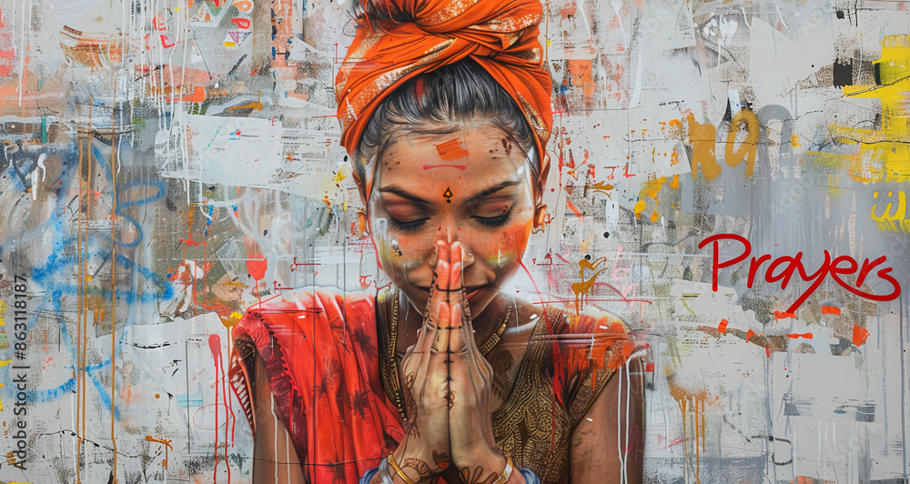 Graffiti image of an Indian lady praying with her eyes closed on a ...