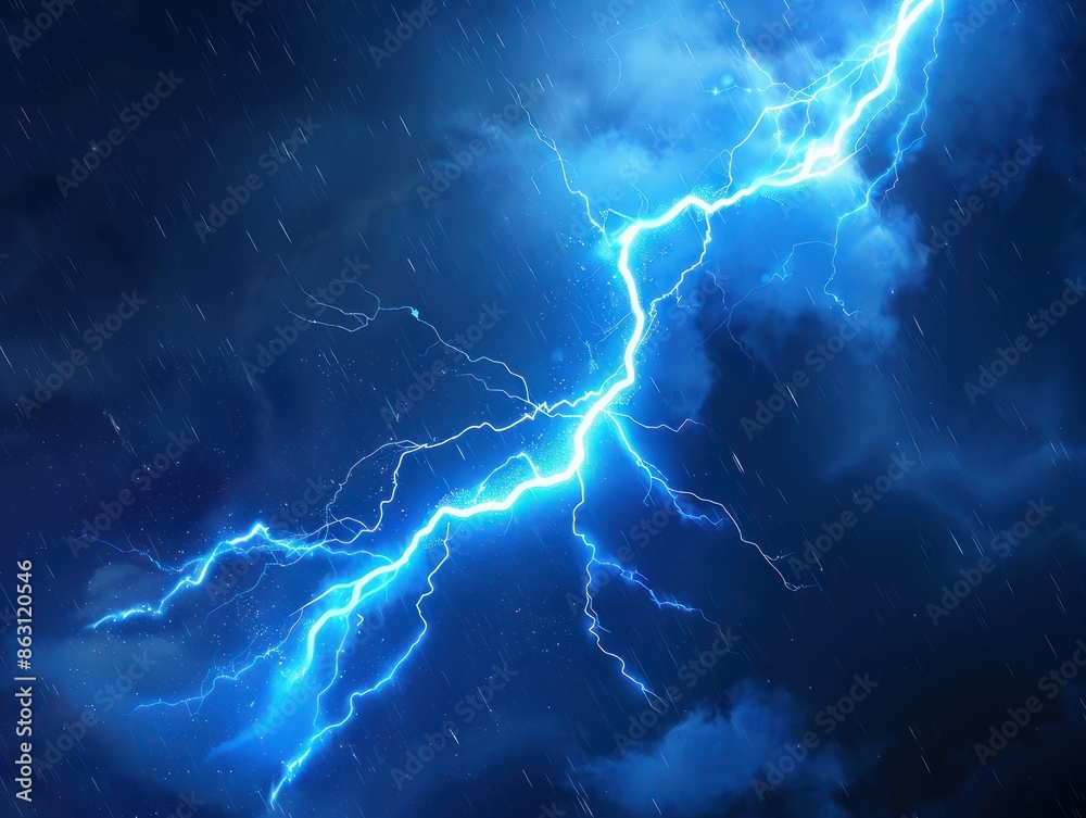 VFX effect of a lightning bolt striking the ground. Blue electric or ...
