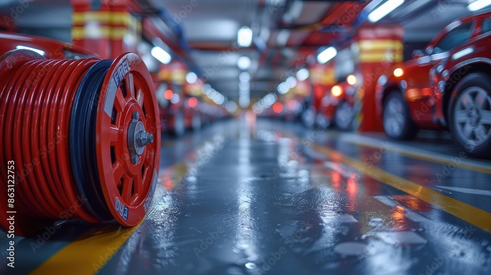 A bright red fire hose reel sits prominently in a modern, well-lit ...