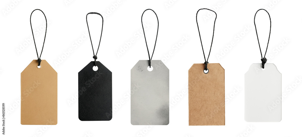 Carton paper label tags, with black string cord knot. Different colored ...