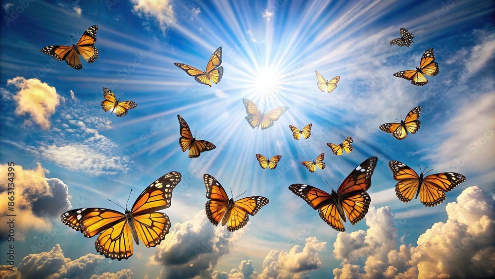 Monarch butterflies flying gracefully in the sky with sun shining and ...