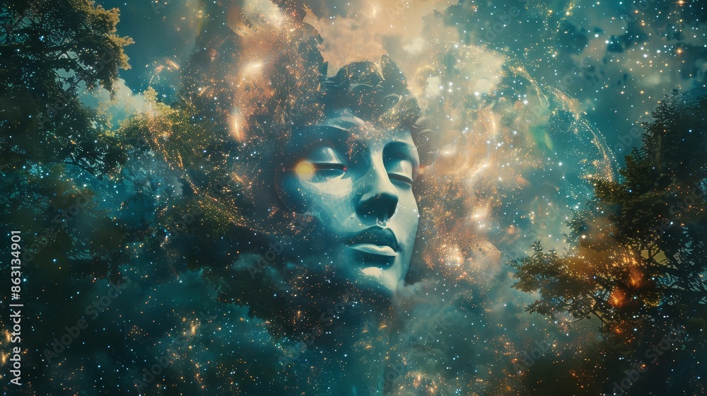 Ethereal Goddess Enveloped in Starry Cosmic Embrace Signifying Faith ...