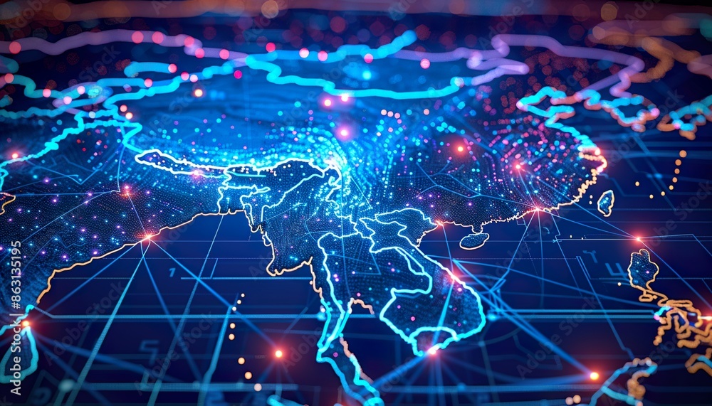 Digital map of South East Asia, global network connectivity concept ...