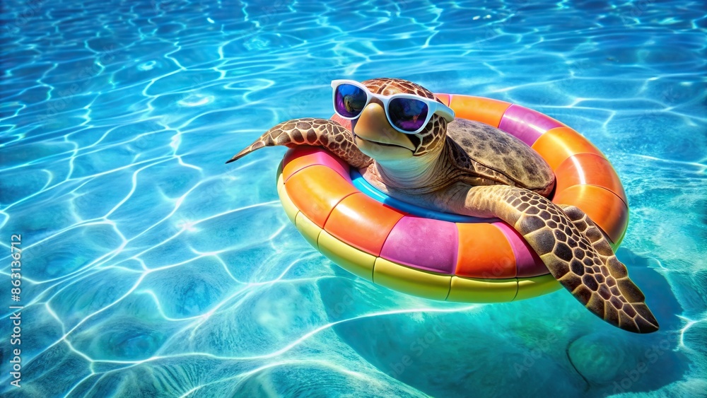 Sea turtle having a pool party with sunglasses and inflatable float ...