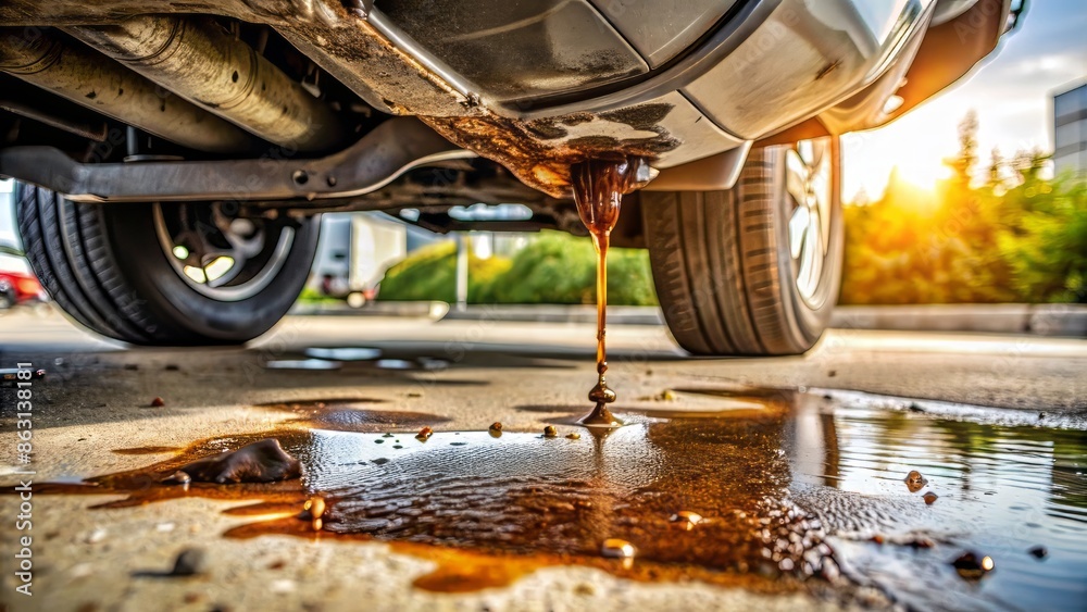 Dark engine oil stains splattered under a parked car, leaking onto the ...