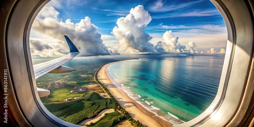Airplane wing view from window with clouds, beach, and ocean below ...