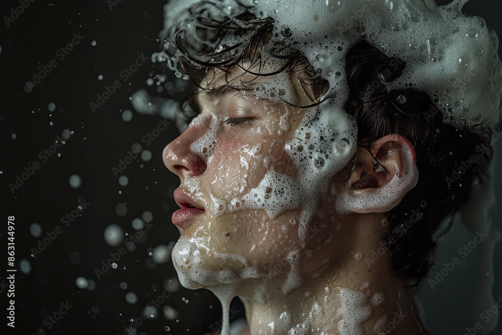 Clean, frothy foam enveloping a person's head and shoulders in a ...