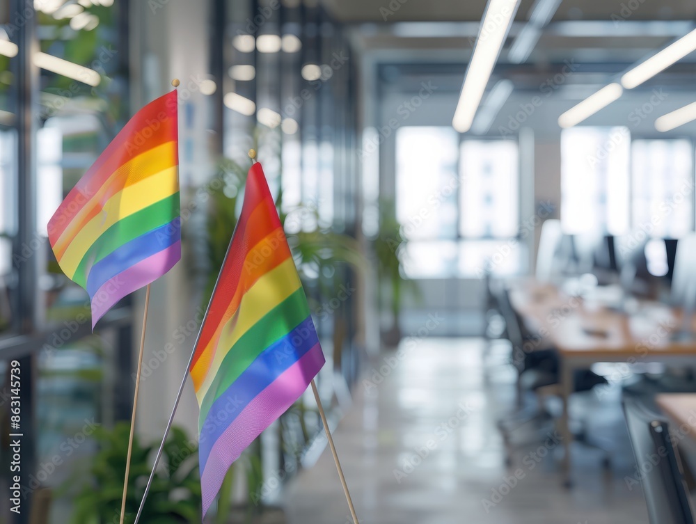 Celebrating pride month in the office. Blurred inclusive workplace with ...