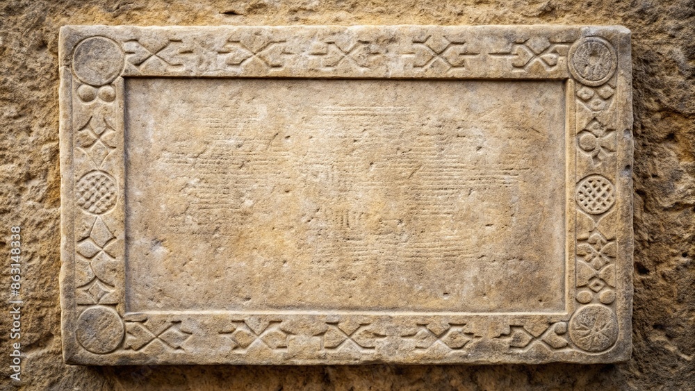 Engraved symbols on old stone tablet , ancient, etched, markings ...
