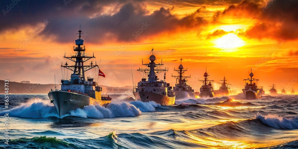 Naval fleet conducting military maneuvers at sunset against a dramatic ...