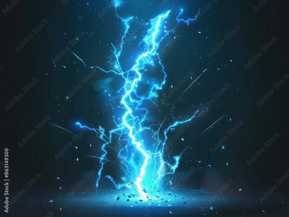 VFX effect of a lightning bolt striking the ground. Blue electric or ...