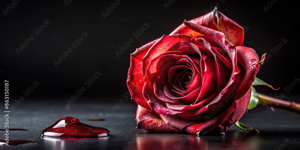 ภาพประกอบสต็อก Withered red rose with a drop of blood on the petal ...