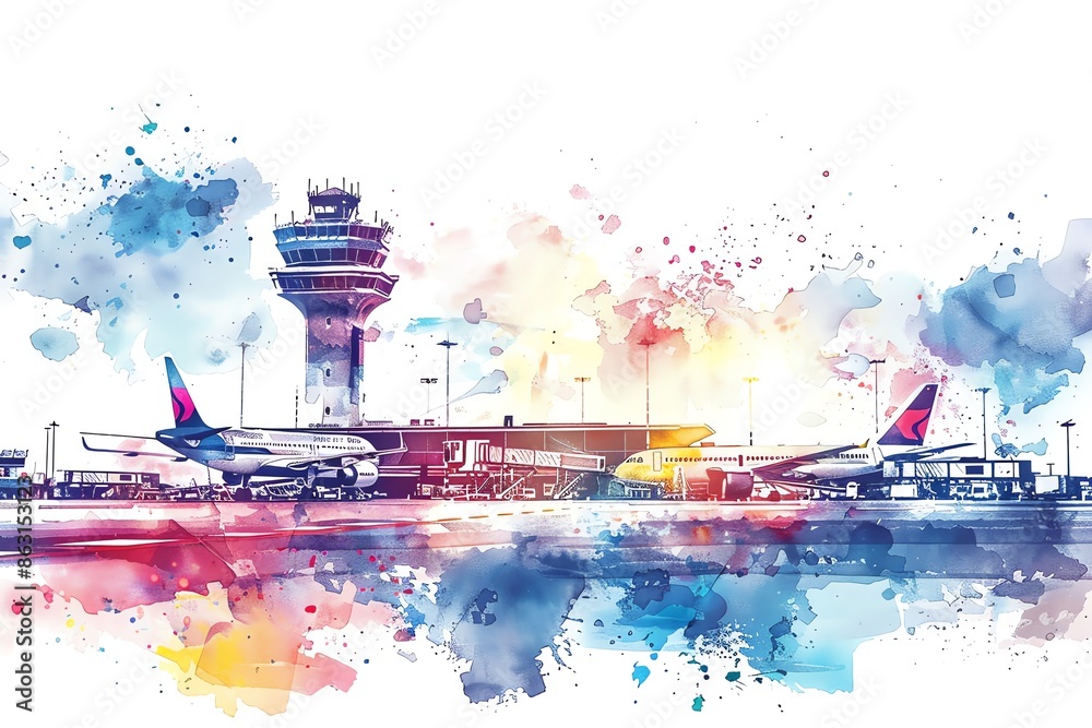 Watercolor painting of airplanes, airport terminal, and control tower ...