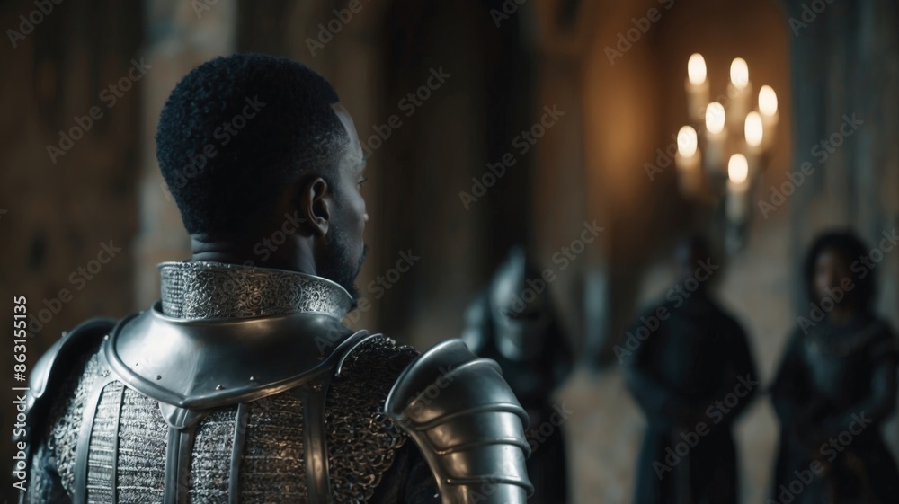Black man with silver armor of a medieval knight, inside the hall of a ...