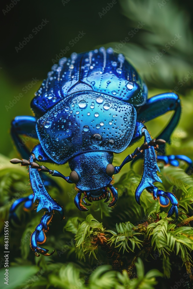 The metallic blue beetle with a jewel-like sheen crawls on the damp forest floor, its ...
