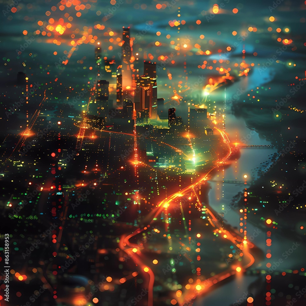 Data-Driven Metropolis, major US cities overlaid with a web of glowing ...