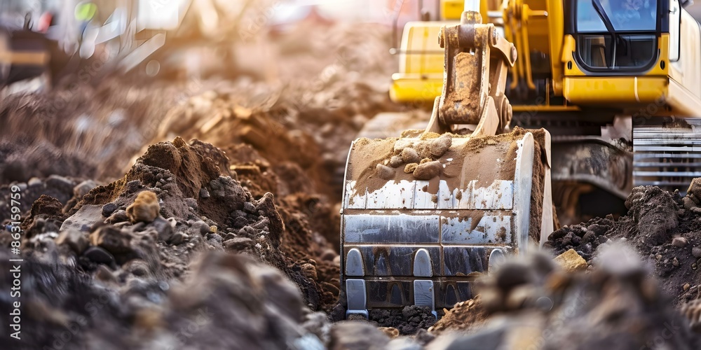Excavation vehicles at a construction site digging soil. Concept ...