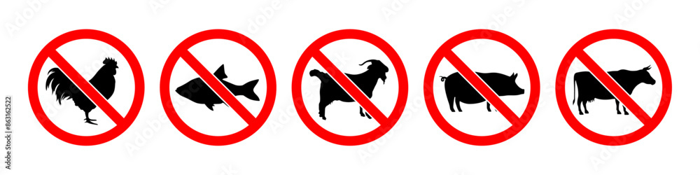 Non-vegetarian prohibited red ban symbol with beef, pig, goat, fish and ...