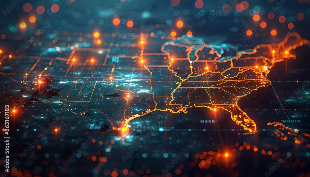 Data-Driven Metropolis, major US cities overlaid with a web of glowing ...
