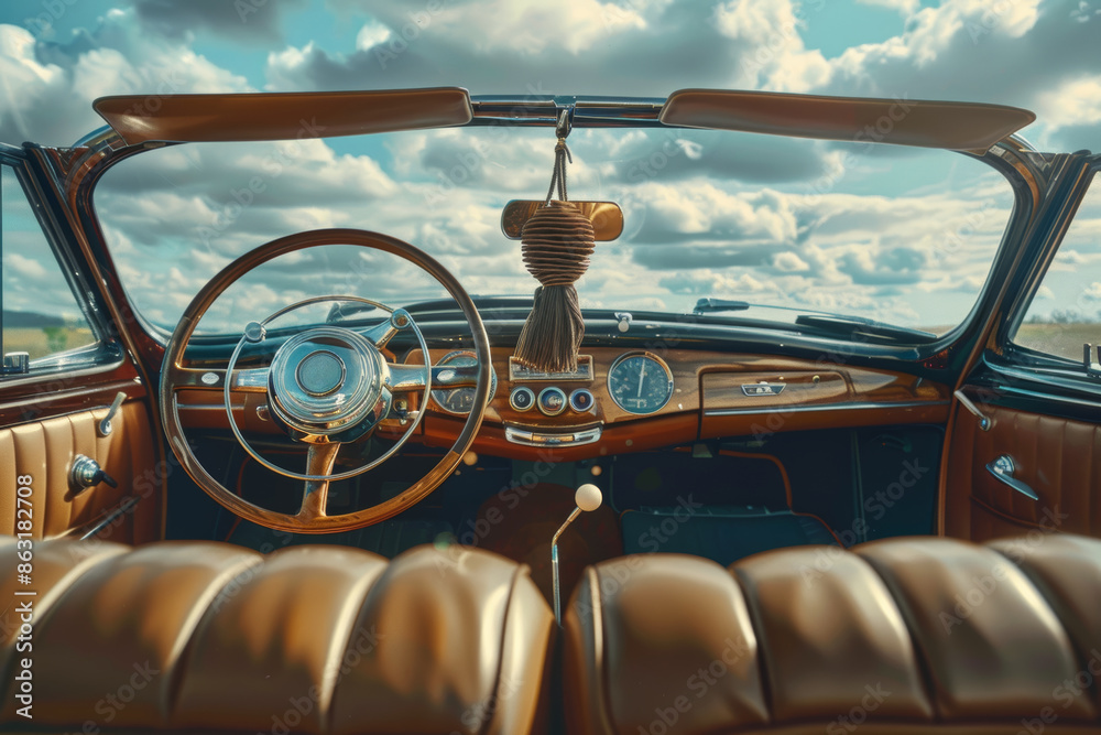 Vintage Style Car Interior with Retro Air Freshener, Classic Leather ...