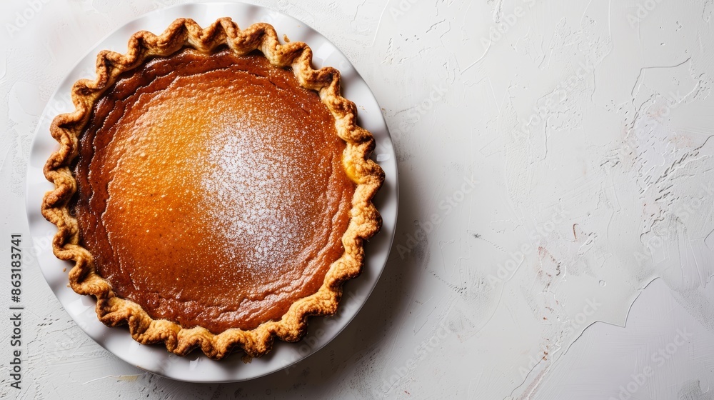Overhead perspective of a tasty homemade pumpkin pie on a simple white ...