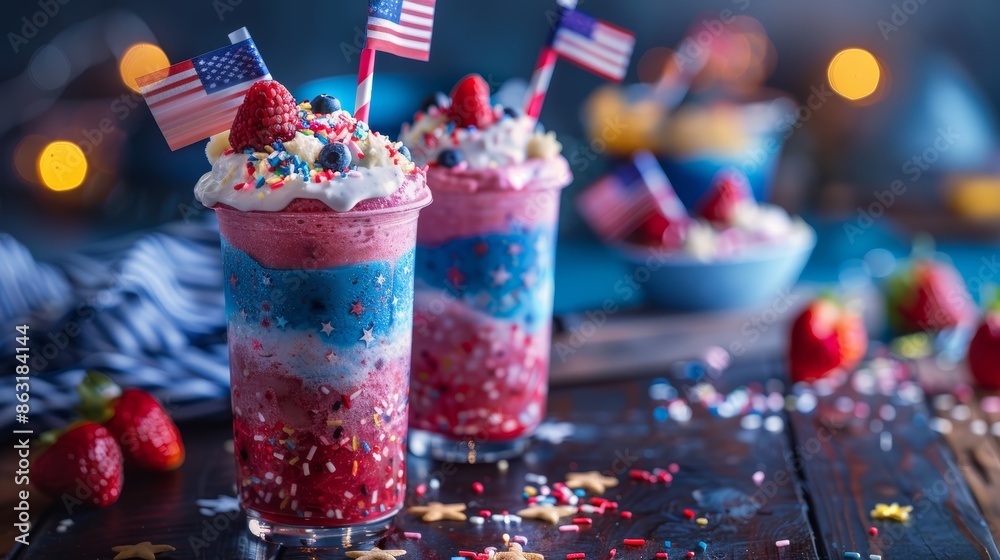 Patriotic smoothies in vibrant layers of red, white, and blue, topped with American flags ...