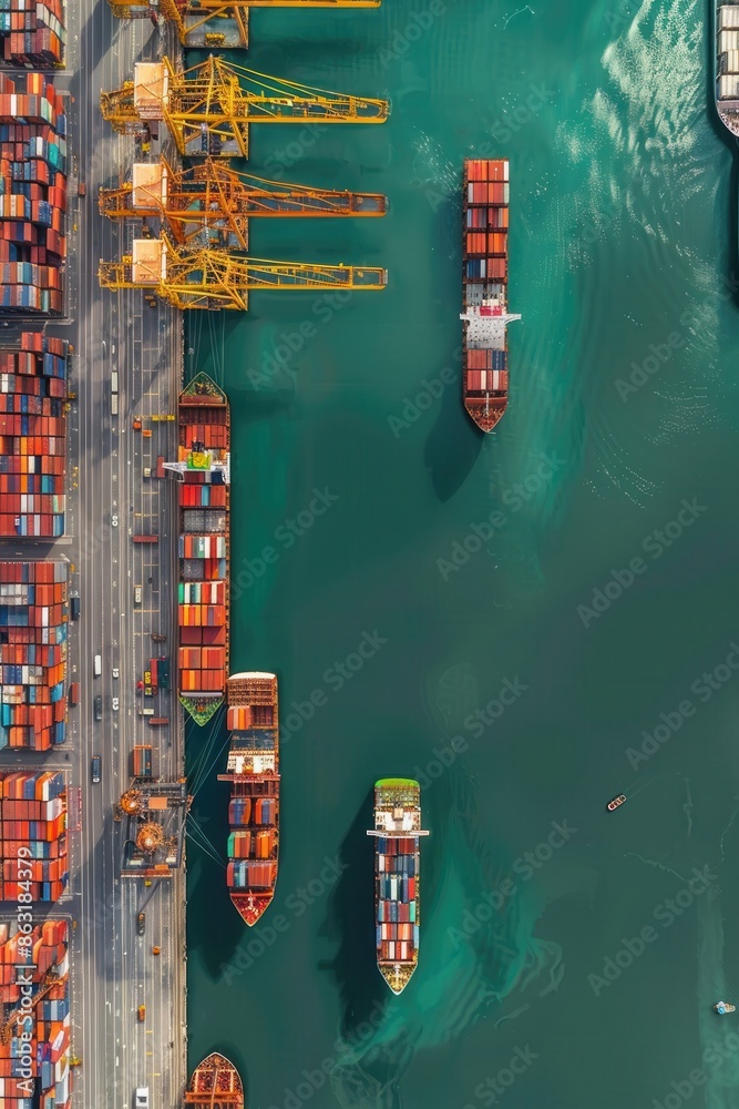 A top-down view of a bustling port with container ships docked at the ...