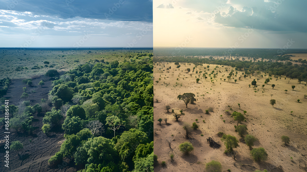 Half barren land, half vibrant forest, environmental conservation ...