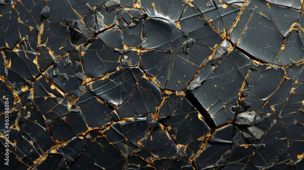 Zoomed in shot of shattered solar panels, focusing on the intricate ...