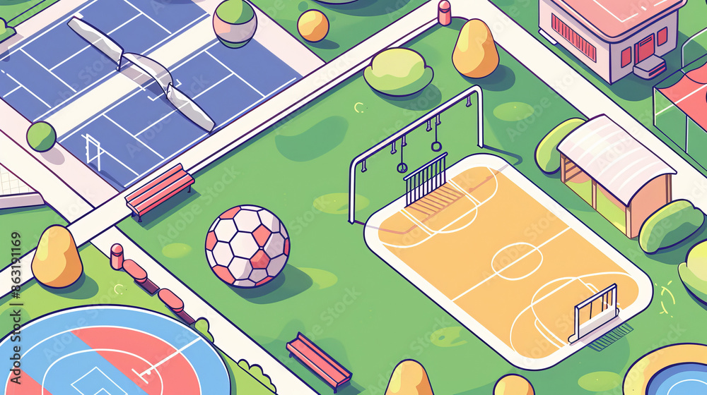 A playground with different sports fields and balls. It's a symbol or ...