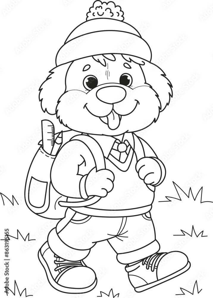 Coloring page outline of the cartoon smiling cute dog goes to school ...