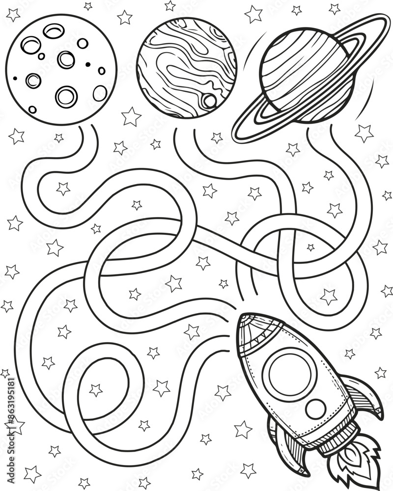 Help the rocket land on the planet. Coloring page outline of the ...