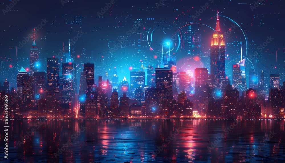 Connected Urban Hubs, Iconic US city landmarks surrounded by digital ...