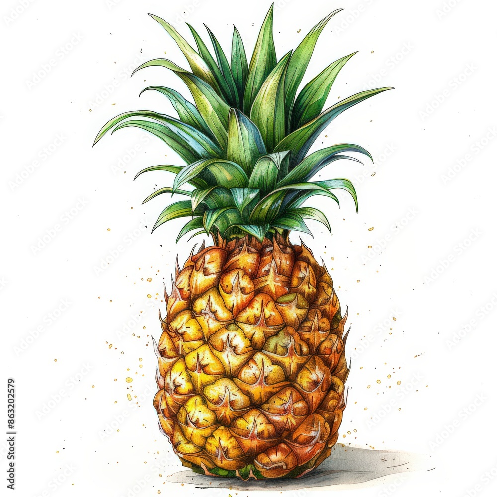 A detailed pencil drawing of a ripe pineapple, with green spikes and a ...