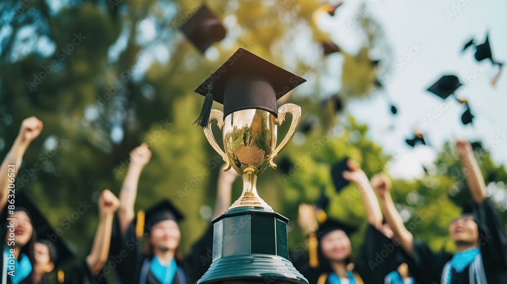 golden award cup with black graduation cap in front of graduates ...
