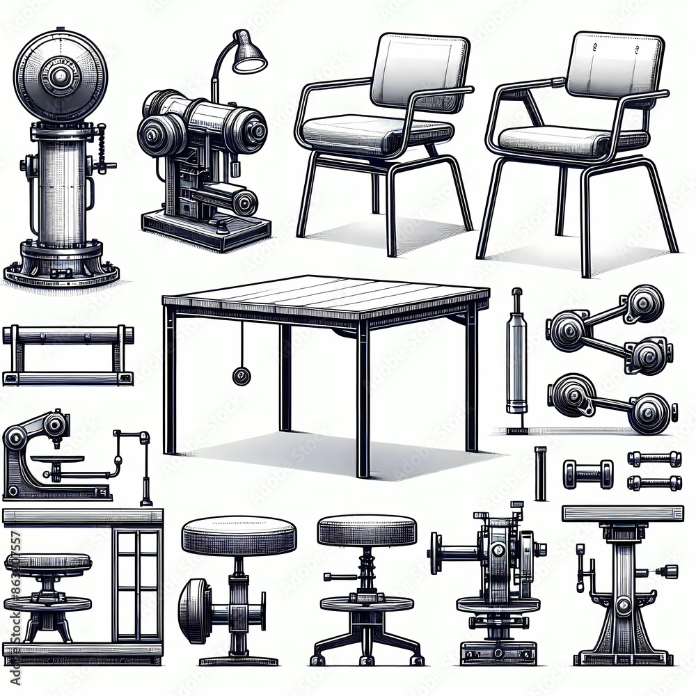 Detailed furniture design blueprint featuring chairs and tables with ...