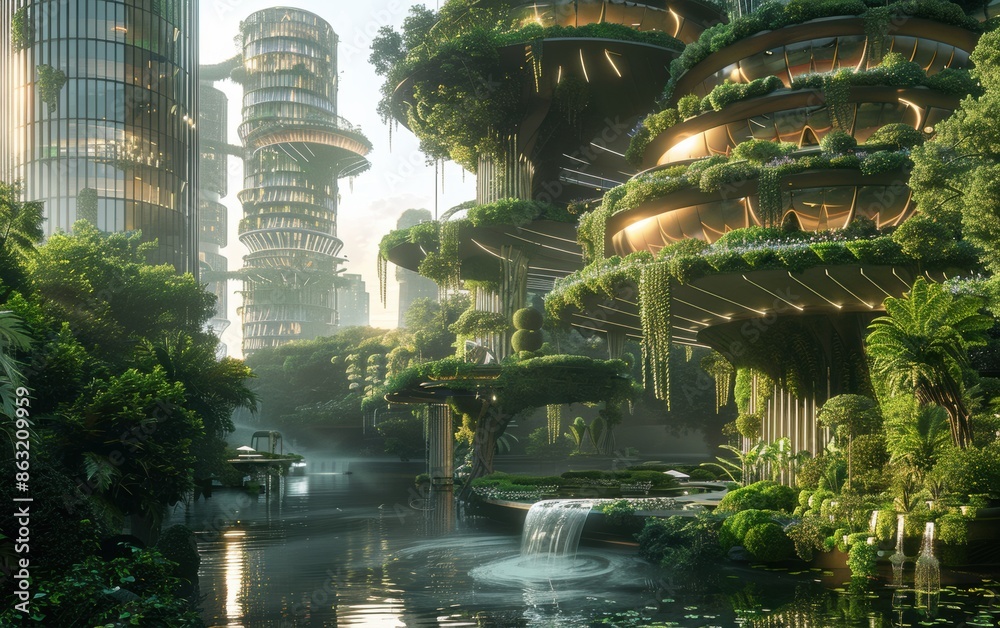 A futuristic eco-city where architecture and nature are seamlessly ...