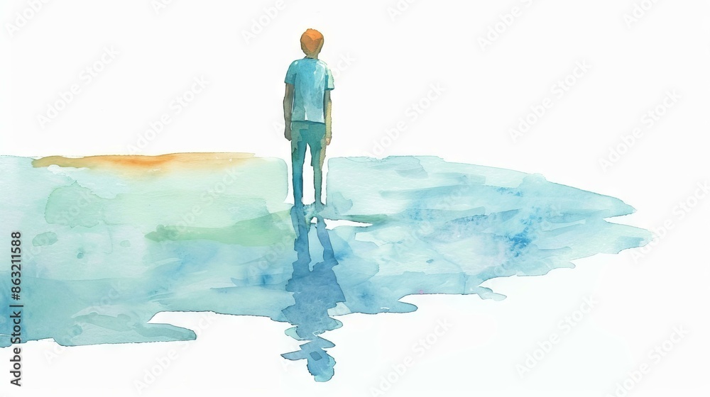 Boy standing alone by water reflection watercolor. Watercolor painting ...