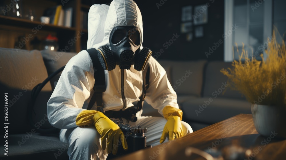 Professional exterminator in yellow suit spraying insecticide on ...