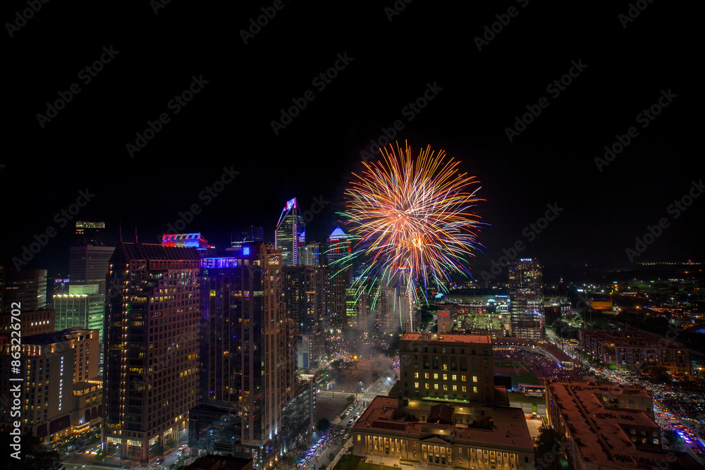 Charlotte, NC Skyline at Night with Fireworks Stock Photo | Adobe Stock